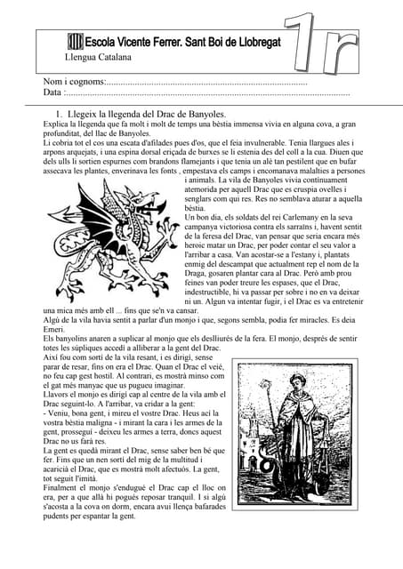 Taller de lectura .Text narratiu. Llegenda de Sant Jordi