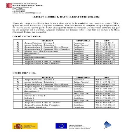 Llibres 1r batxillerat 2012 2013 | PDF