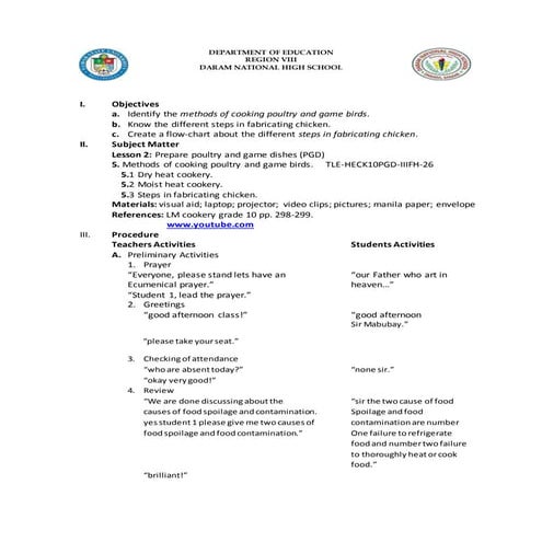 Lesson plan grade 10 cookery detailed | DOCX