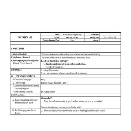 LO1 Tools in embroidery.doc for tle 7 exploratory courses | DOC