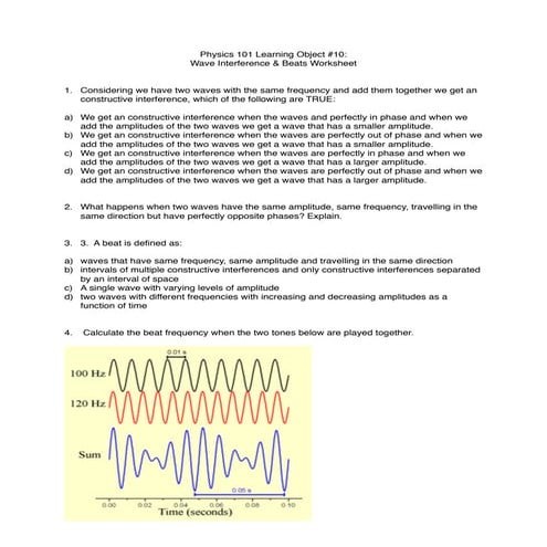 Wave Interference & Beats Worksheet | PDF