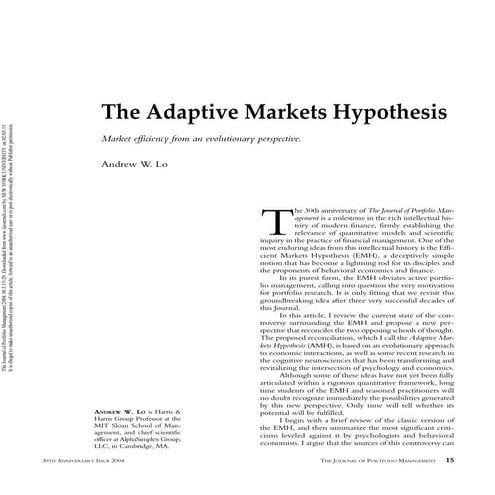 Adaptive Markets Hypothesis from Professor Andrew Lo | PDF