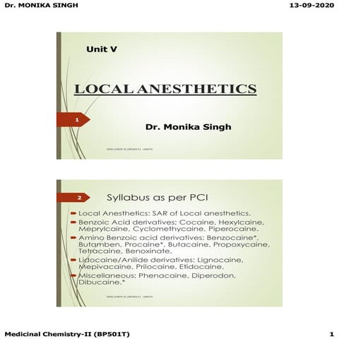 Local Anesthetics SAR part 2 by Dr. MONIKA SINGH as per PCI syllabus | PDF