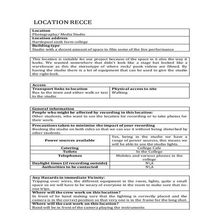 Location Recce | DOCX | Technology & Computing