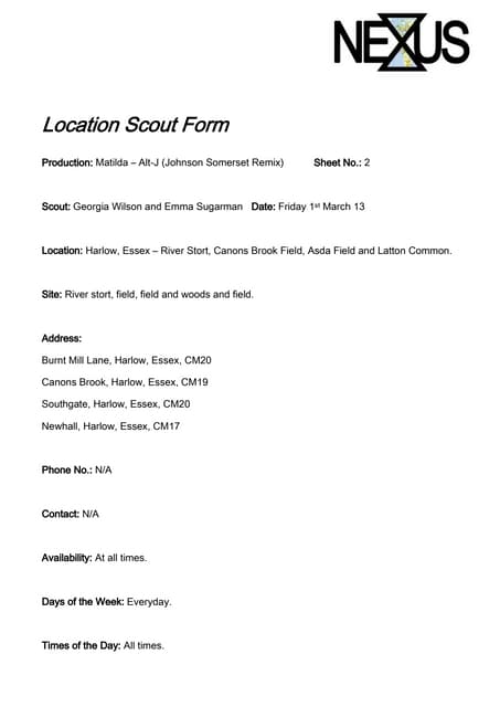 Location scouting sheet 4 | PDF