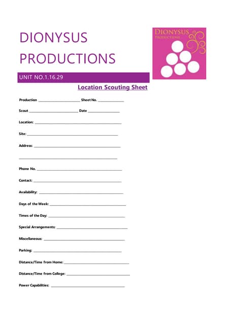 Location scouting sheet | DOCX