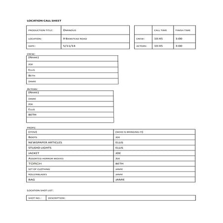 Location Call Sheet | PDF