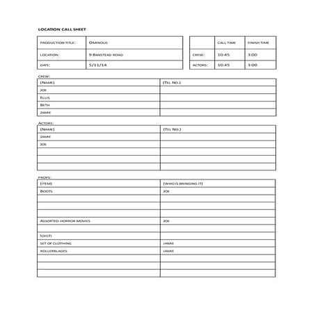 Location Call Sheet | PDF