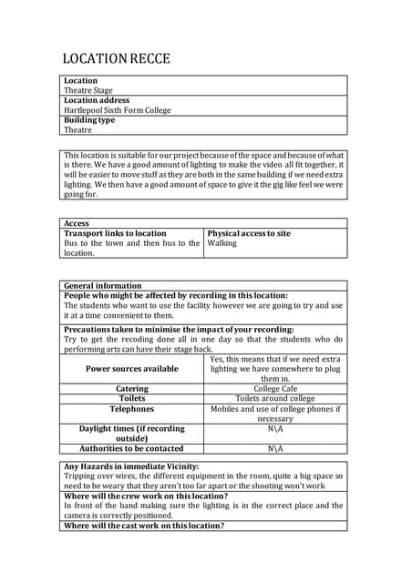 Planning location recce | DOCX | Video Production | Content Production