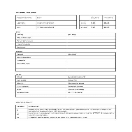 Location call sheet | DOCX