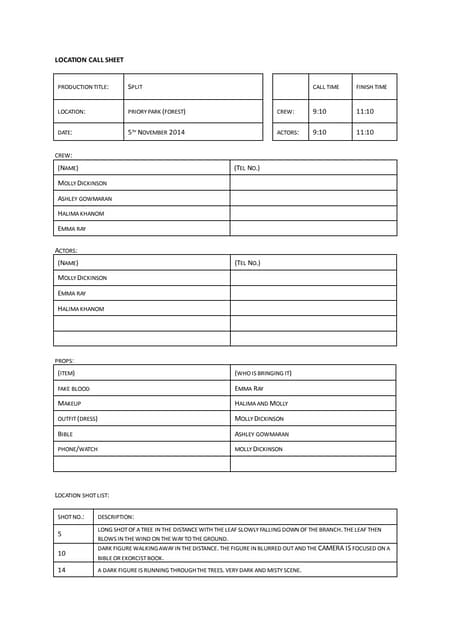 Location Call Sheet | PDF