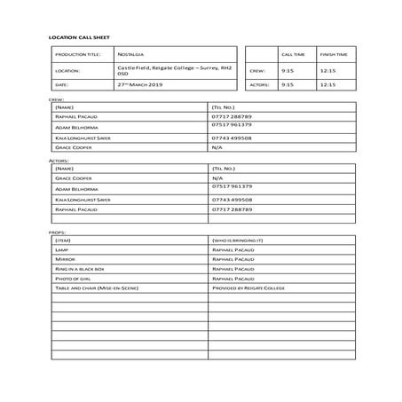 Location call sheet | PDF