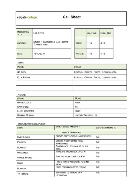 Call sheet template single page - call sheet | PDF