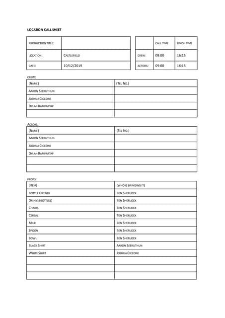 Call sheet | DOC