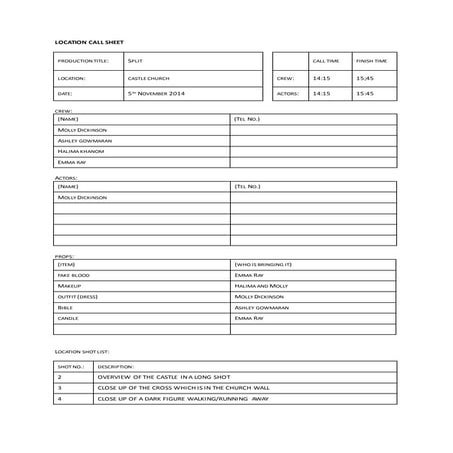 Location call sheet | DOCX