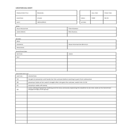 Location call sheet 4 tk ah ma jg | PDF