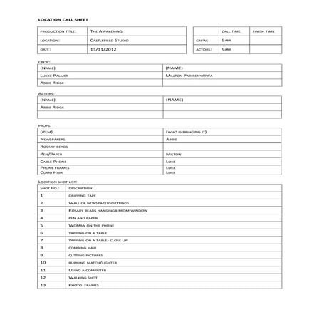 Location call sheet | PDF