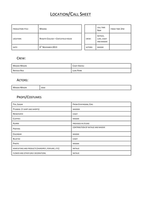 Call sheet natalie rice | PDF