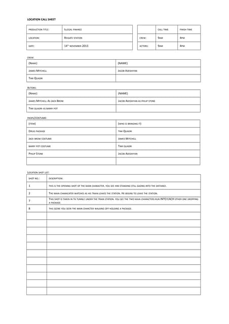 Location call sheet | PDF