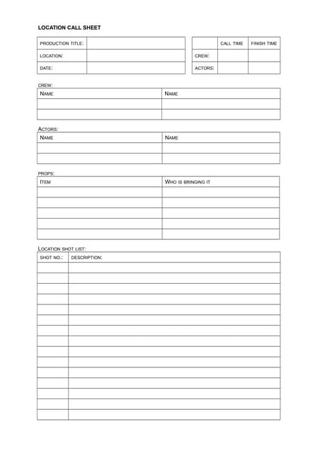 Location Call Sheet Template | PDF
