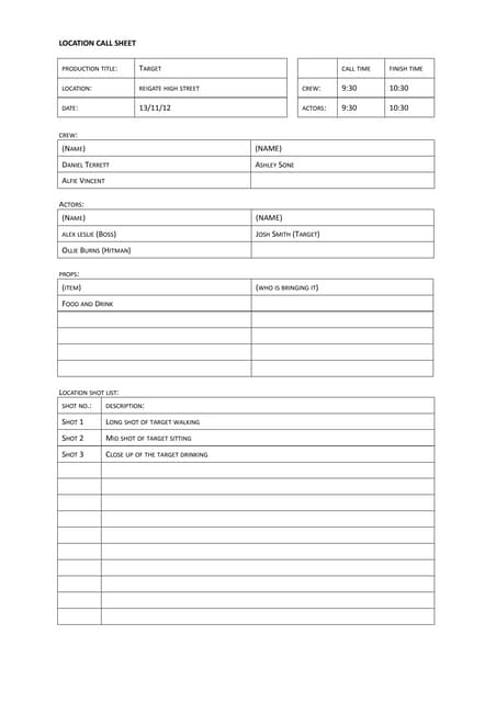 Location call sheet template 3 | PDF