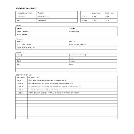 Location call sheet template 3 | DOC