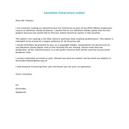 Location clearance letter | DOCX