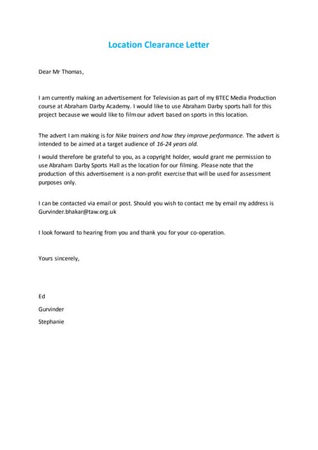 Music clearance letter | DOCX