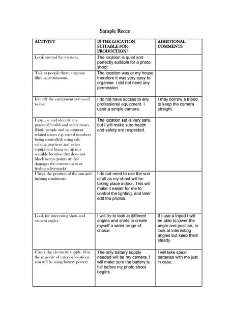 Sample recce | DOCX | Video Production | Content Production