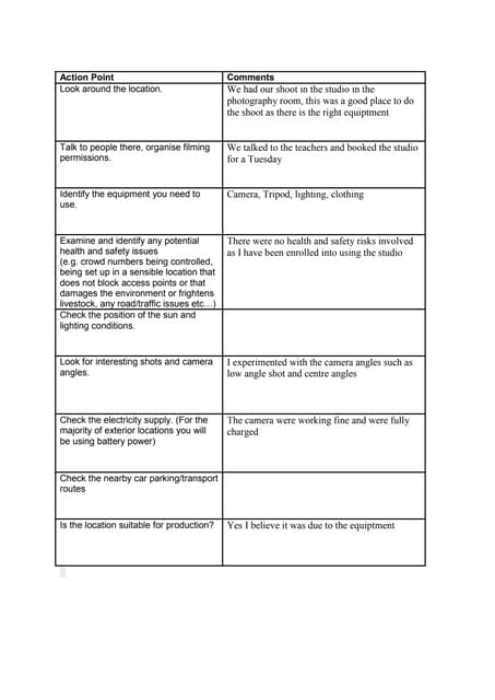 Sample recce | DOCX | Video Production | Content Production