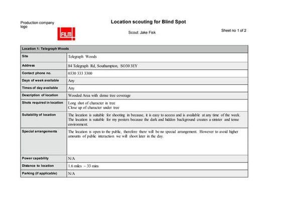 Location recce template 2 | DOCX | Photography | Arts and Crafts