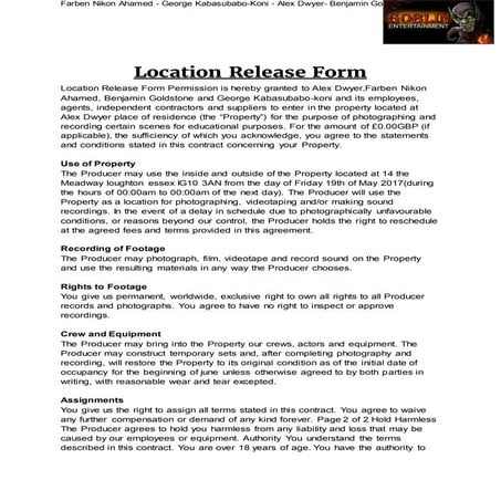 Location release form (alex's house) | DOCX | Video Production | Content Production