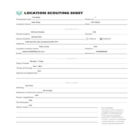 Location scoutign sheet 1 | DOCX