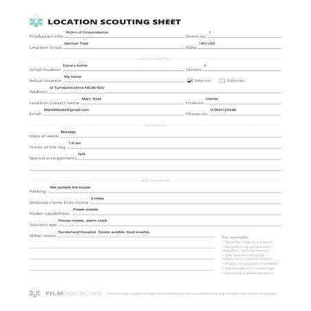 Location scouting recce sheet 2 | PDF
