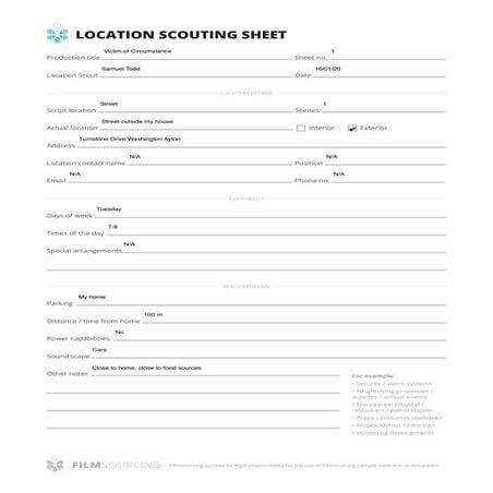 Location scouting (recce) sheet 3 | PDF