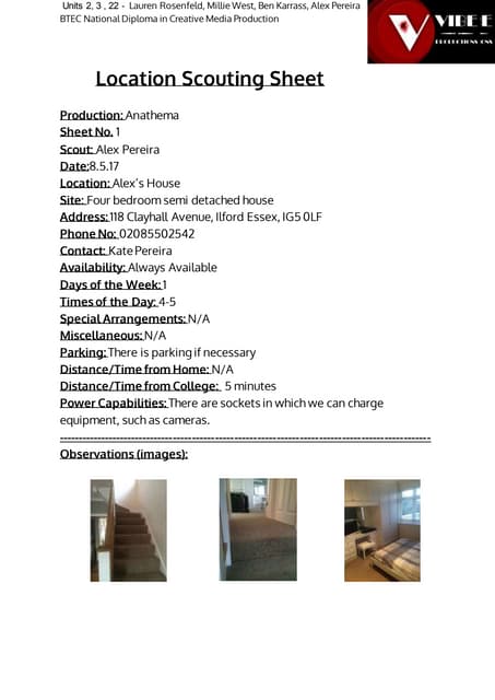 Location Scouting Sheet House | DOCX