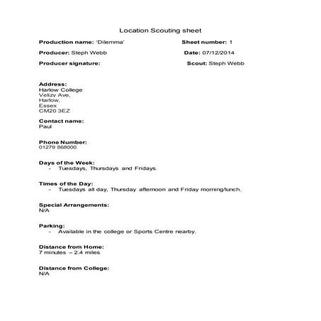 Location scouting sheet school | DOCX