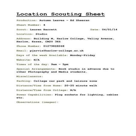 Location scouting sheet 4 | PDF