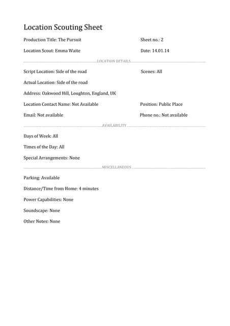Location Scouting Sheet | DOCX