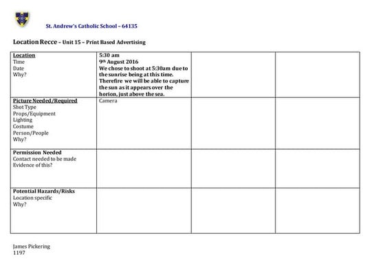 Production Plan/Photoshoot Plan/Location Recce | DOCX