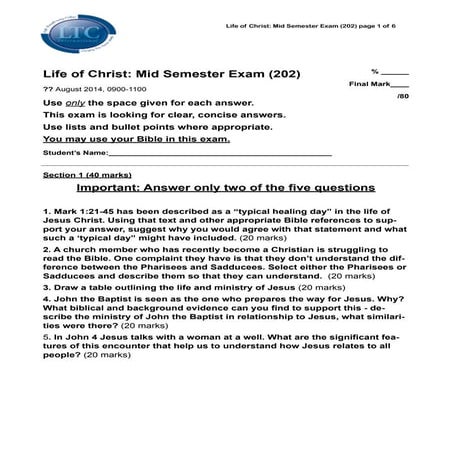 Life of Christ: Mid Semester Exam 2014 | PDF