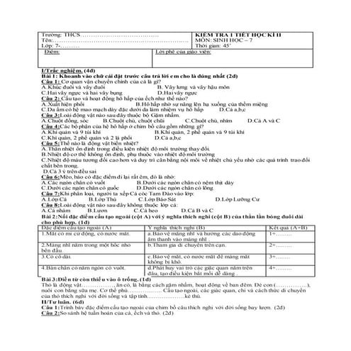 [Loga.vn] kiểm tra 1 tiết môn sinh lớp 7 hk2 | PDF
