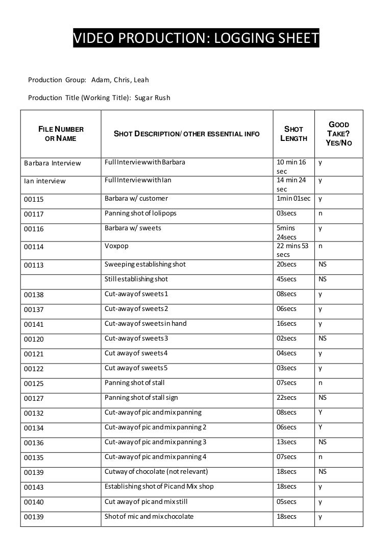 Logging Sheet Logging Sheet