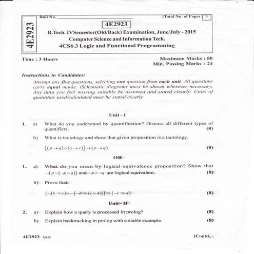 Logic and Functional Programming Paper (RTU IV Semester) | PDF