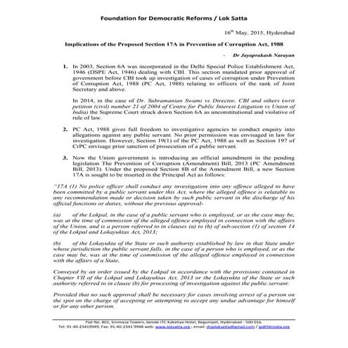 Lok Satta - comment on proposed Section 17A in Prevention of Corruption ...