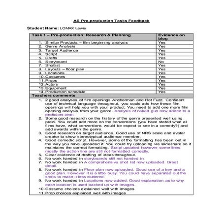 AS pre production tasks feedback sheet | DOCX