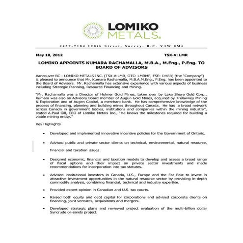 Lomiko Metals Appoints Kumara Rachamalla to Board of Advisors | PDF