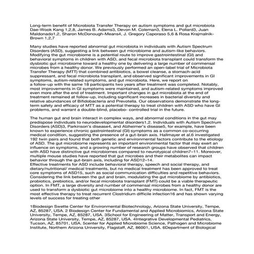 Long term benefit of microbiota transfer therapy on autism symptoms and ...