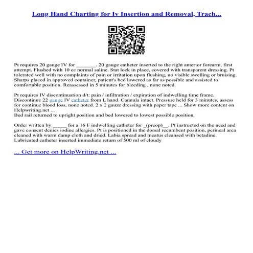 Long Hand Charting For Iv Insertion And Removal, Trach... | PDF