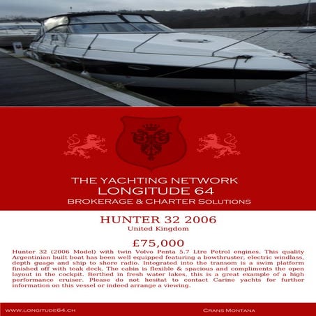 HUNTER 32, 2006, £75,000 For Sale Yacht Brochure. Presented By ...